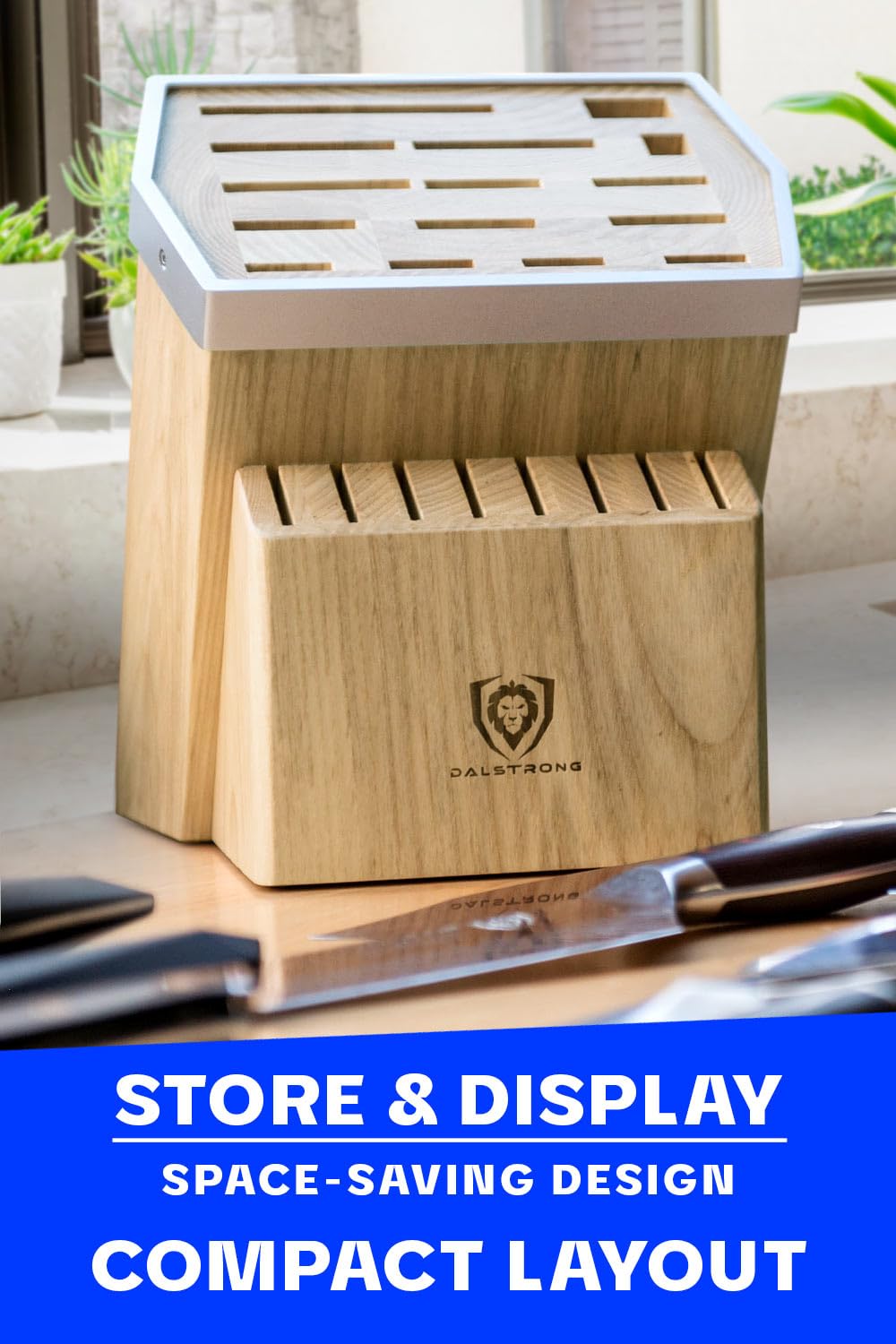 DALSTRONG Universal Knife Block - 23 Slots - Premium American Ash Wood - Aluminum Alloy Rim Kitchen Set - Lion Head Logo Badge - Premium Craftsmanship Knife Set - Angled For Ergonomics - Cleans Easily