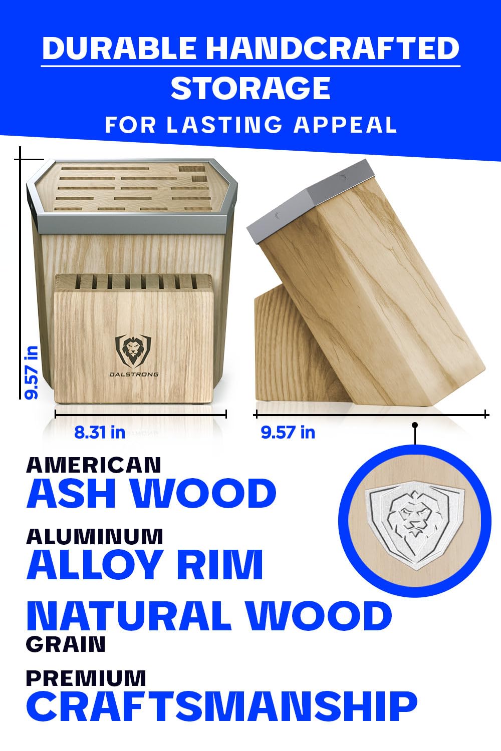 DALSTRONG Universal Knife Block - 23 Slots - Premium American Ash Wood - Aluminum Alloy Rim Kitchen Set - Lion Head Logo Badge - Premium Craftsmanship Knife Set - Angled For Ergonomics - Cleans Easily