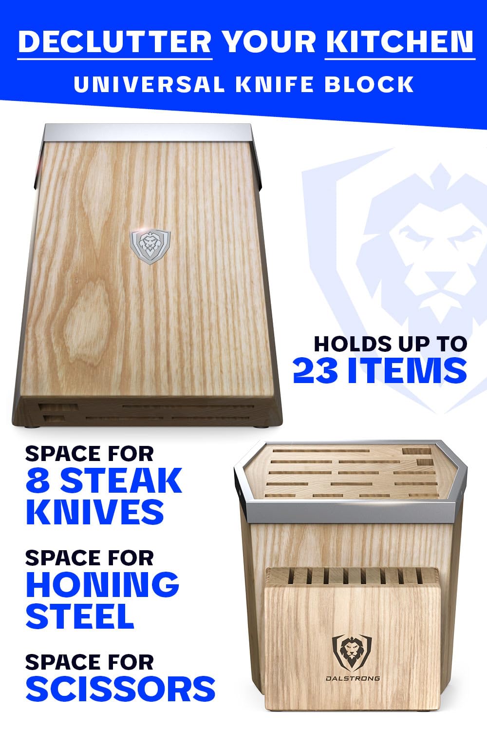 DALSTRONG Universal Knife Block - 23 Slots - Premium American Ash Wood - Aluminum Alloy Rim Kitchen Set - Lion Head Logo Badge - Premium Craftsmanship Knife Set - Angled For Ergonomics - Cleans Easily