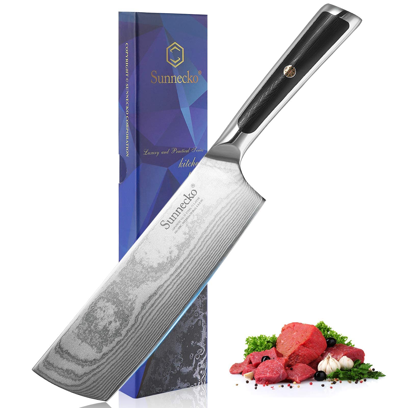 Sunnecko Nakiri Knife 7 inch, Small Cleaver Knife with Damascus Steel VG-10 Blade Professional Chef knife, Kitchen Knife with G10 Inlaid Handle Chopping Knife Perfect for Home Cooking with Gift Box