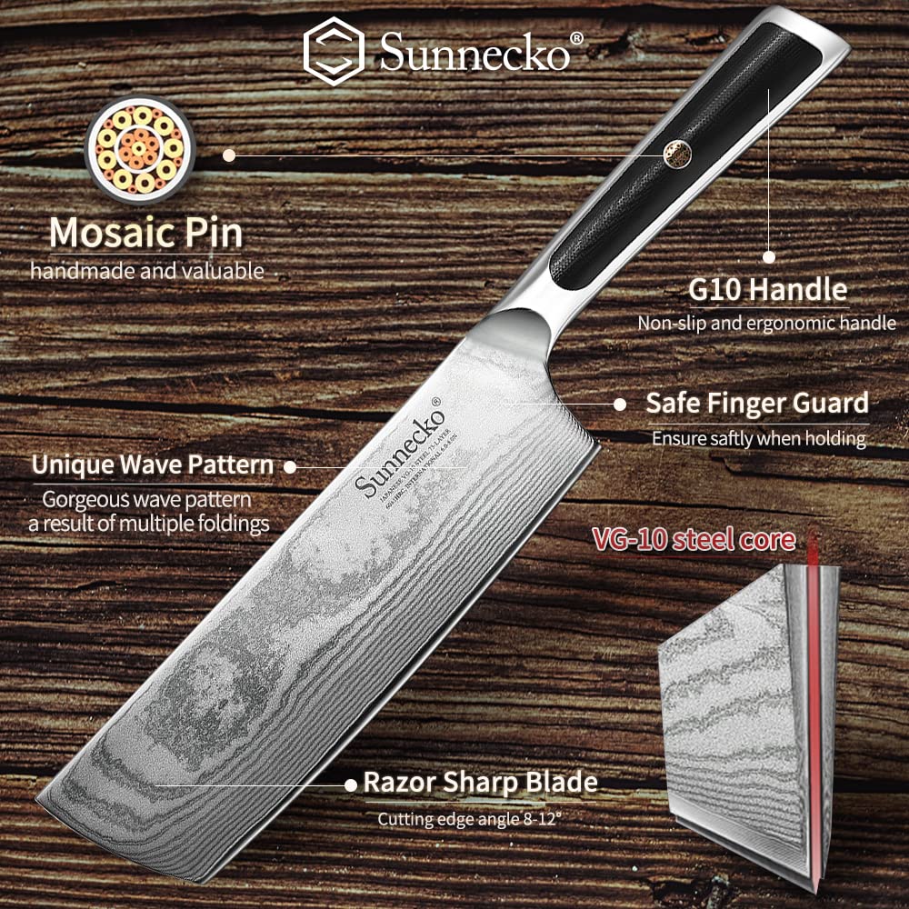 Sunnecko Nakiri Knife 7 inch, Small Cleaver Knife with Damascus Steel VG-10 Blade Professional Chef knife, Kitchen Knife with G10 Inlaid Handle Chopping Knife Perfect for Home Cooking with Gift Box