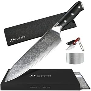 moffti damascus chef knife 8", japanese vg-10 stainless steel damascus knife, razor sharp kitchen knife, well-balanced japanese knife, aviation material handle, gift box anti-rust anti-dull full tang