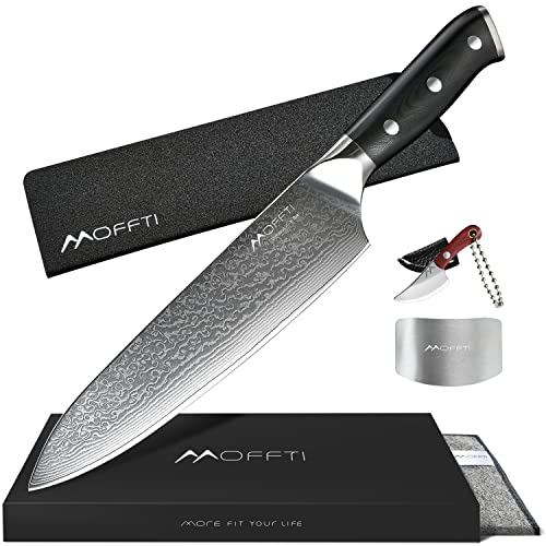 MOFFTI Damascus Chef Knife 8", Japanese VG-10 Stainless Steel Damascus Knife, Razor Sharp Kitchen Knife, Well-Balanced Japanese Knife, Aviation Material Handle, Gift Box Anti-rust Anti-dull Full Tang