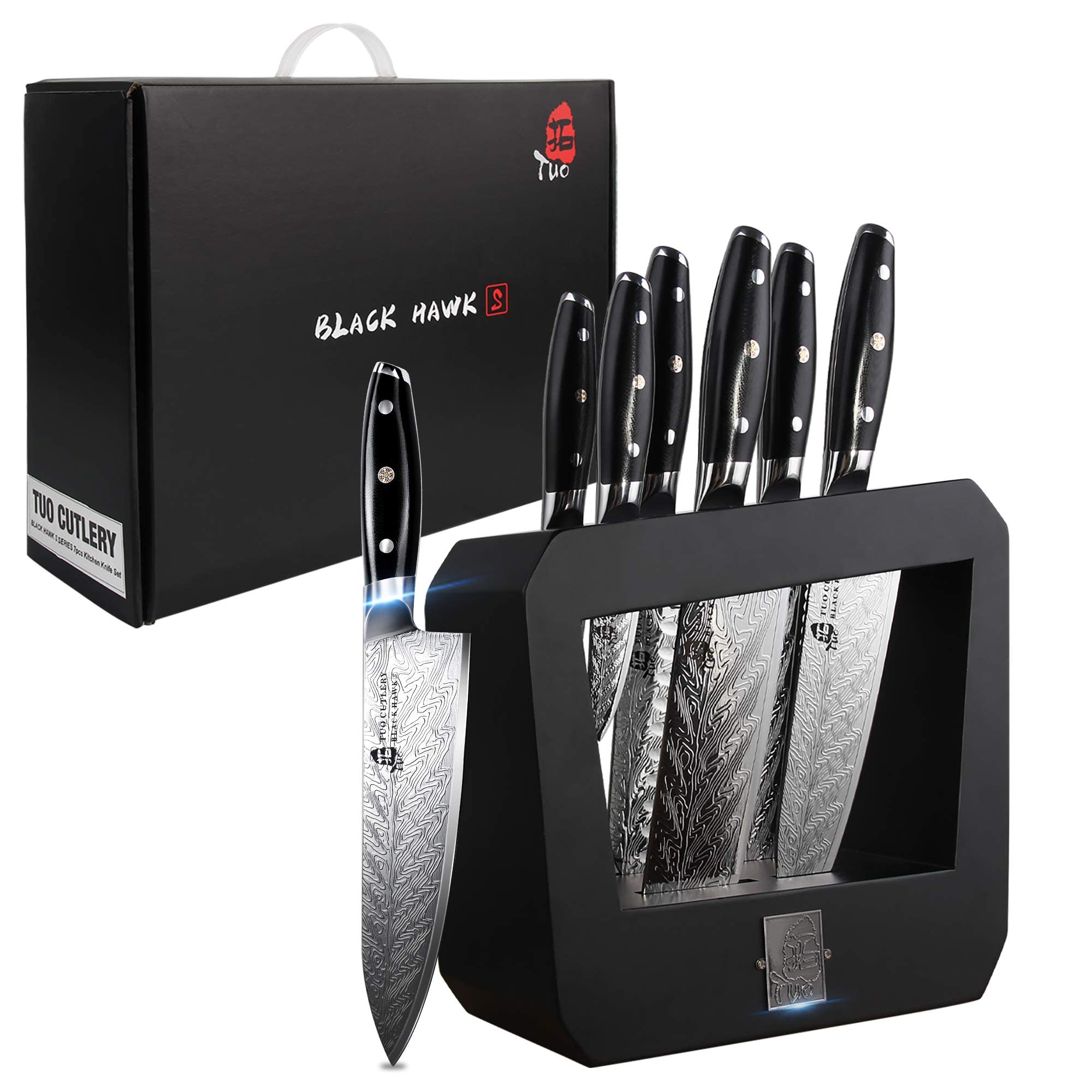 TUO Knife Set - Kitchen Knife Set with Wooden Block 7 pieces - G10 Full Tang Ergonomic Handle - BLACK HAWK S SERIES with Gift Box