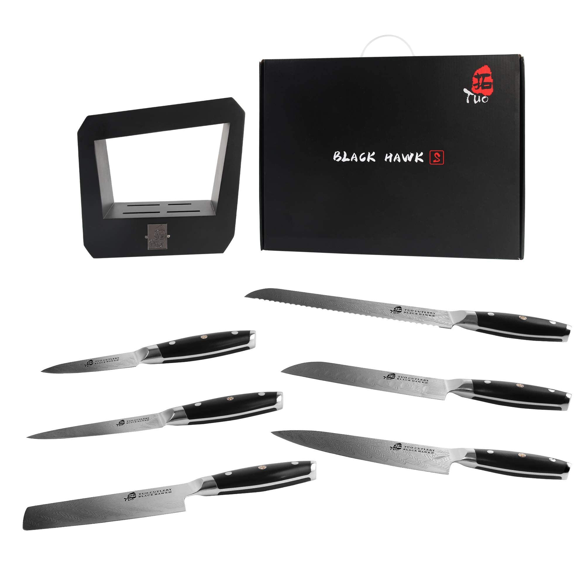 TUO Knife Set - Kitchen Knife Set with Wooden Block 7 pieces - G10 Full Tang Ergonomic Handle - BLACK HAWK S SERIES with Gift Box