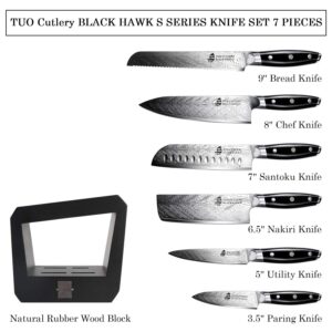 TUO Knife Set - Kitchen Knife Set with Wooden Block 7 pieces - G10 Full Tang Ergonomic Handle - BLACK HAWK S SERIES with Gift Box