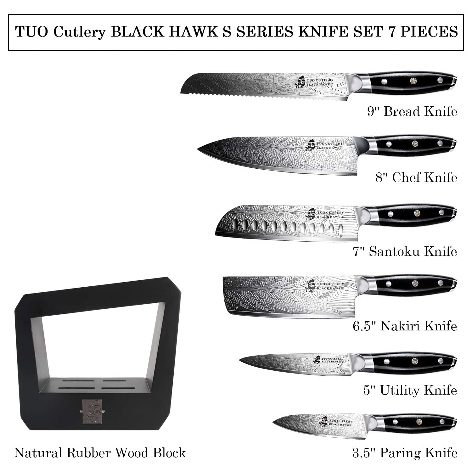 TUO Knife Set - Kitchen Knife Set with Wooden Block 7 pieces - G10 Full Tang Ergonomic Handle - BLACK HAWK S SERIES with Gift Box