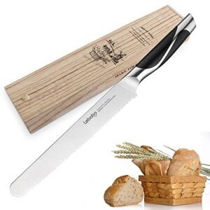 lebabo 10 inch serrated bread knife, professional cake knife, german high-carbon steel bread cutters, wide wavy edge bagel knives, ergonomic handle with wooden gift box