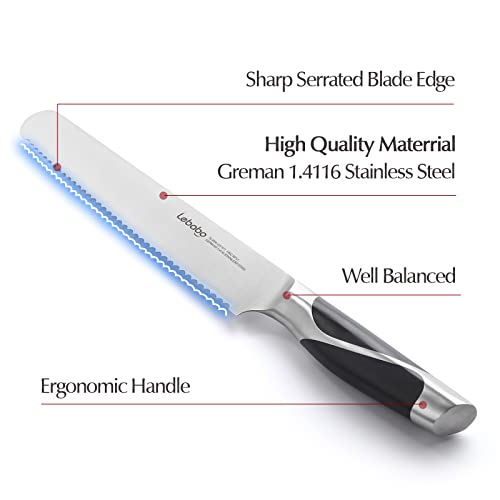 Lebabo 10 Inch Serrated Bread Knife, Professional Cake Knife, German High-Carbon Steel Bread Cutters, Wide Wavy Edge Bagel Knives, Ergonomic Handle with Wooden Gift Box