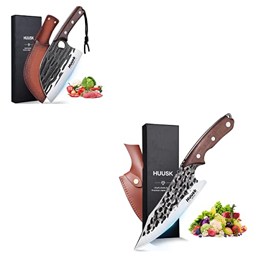 Huusk Japan Knife Set Viking Knife with Sheath Hand Forged Meat Cleaver Knife for Meat Cutting Full Tang Vegetable Knife Japanese Chef Knife Caveman Knife for Kitchen, Outdoor Camping