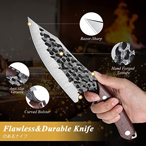 Huusk Japan Knife Set Viking Knife with Sheath Hand Forged Meat Cleaver Knife for Meat Cutting Full Tang Vegetable Knife Japanese Chef Knife Caveman Knife for Kitchen, Outdoor Camping