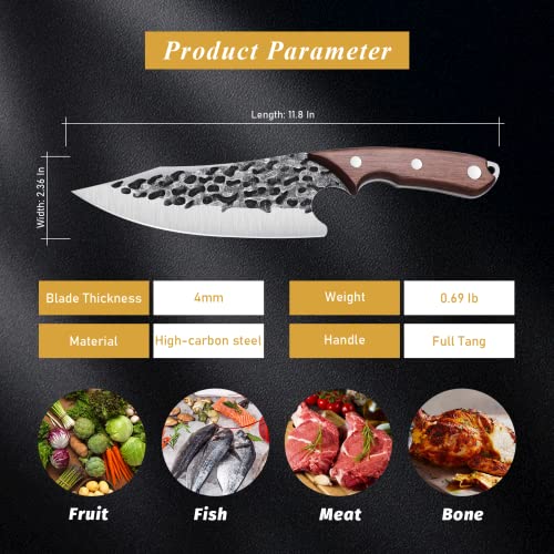 Huusk Japan Knife Set Viking Knife with Sheath Hand Forged Meat Cleaver Knife for Meat Cutting Full Tang Vegetable Knife Japanese Chef Knife Caveman Knife for Kitchen, Outdoor Camping