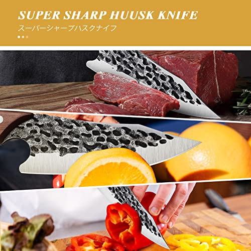 Huusk Japan Knife Set Viking Knife with Sheath Hand Forged Meat Cleaver Knife for Meat Cutting Full Tang Vegetable Knife Japanese Chef Knife Caveman Knife for Kitchen, Outdoor Camping