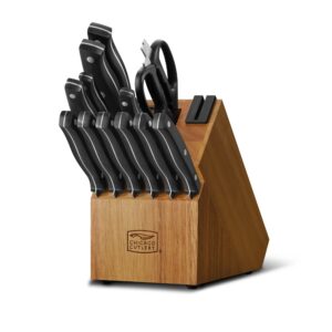 chicago cutlery ellsworth (13-pc) kitchen knife block set with wooden block & built-in sharpener, ergonomic handles and stainless steel professional chef knife set & scissors with bottle opener