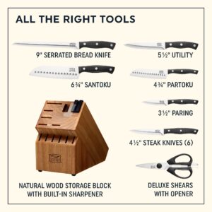 Chicago Cutlery Ellsworth (13-PC) Kitchen Knife Block Set With Wooden Block & Built-In Sharpener, Ergonomic Handles and Stainless Steel Professional Chef Knife Set & Scissors With Bottle Opener