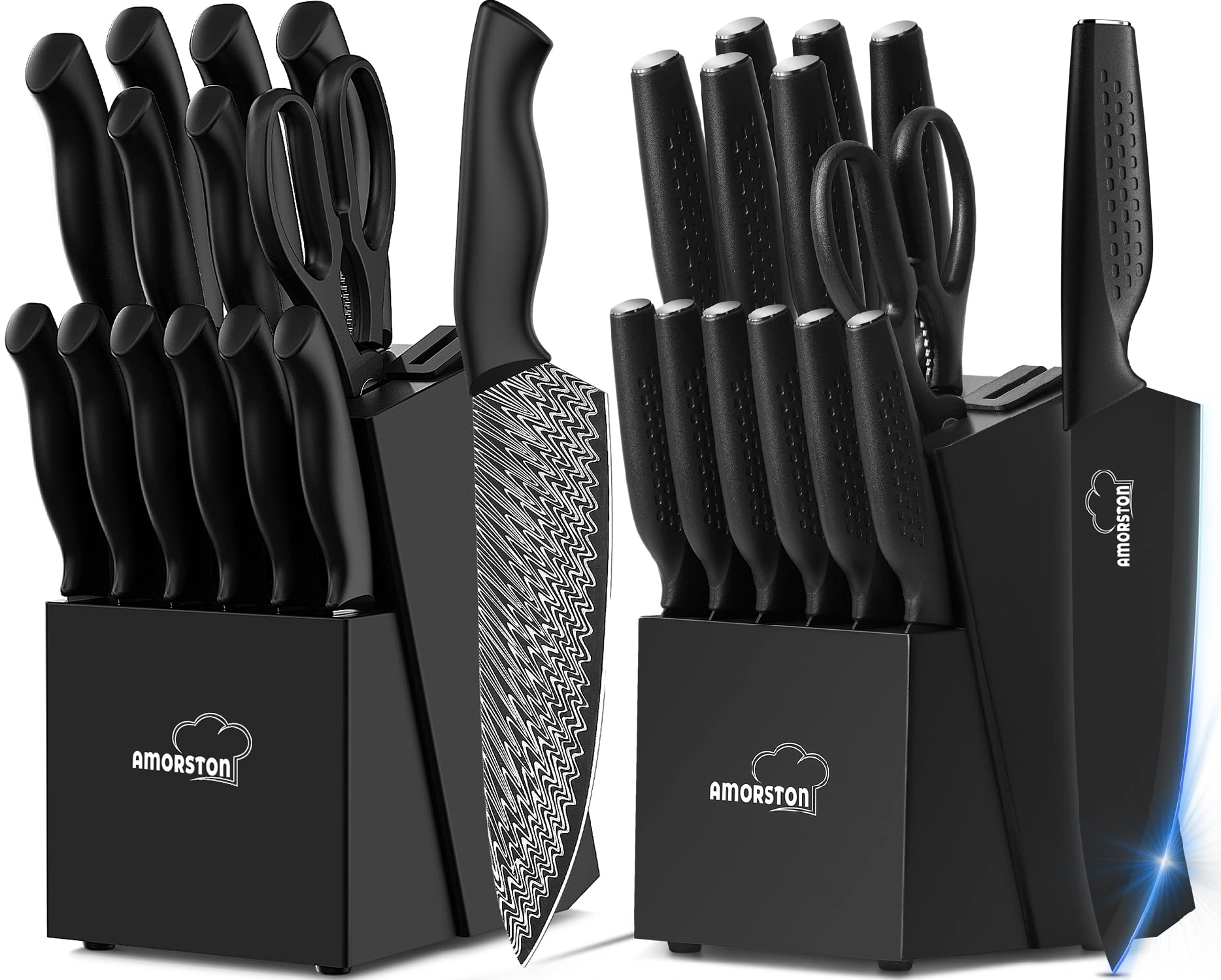 Two 15 Pieces Knife Sets, Elegant Black + Damascus Pattern