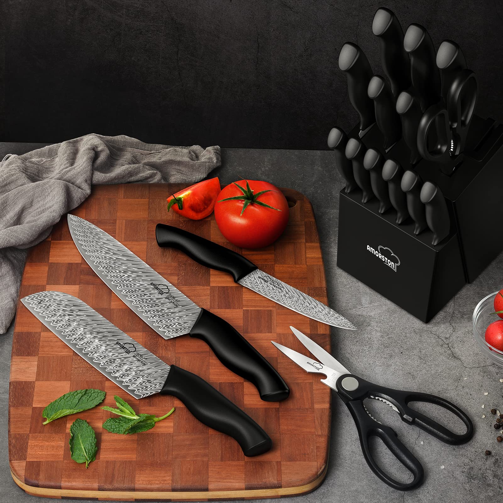 Two 15 Pieces Knife Sets, Elegant Black + Damascus Pattern