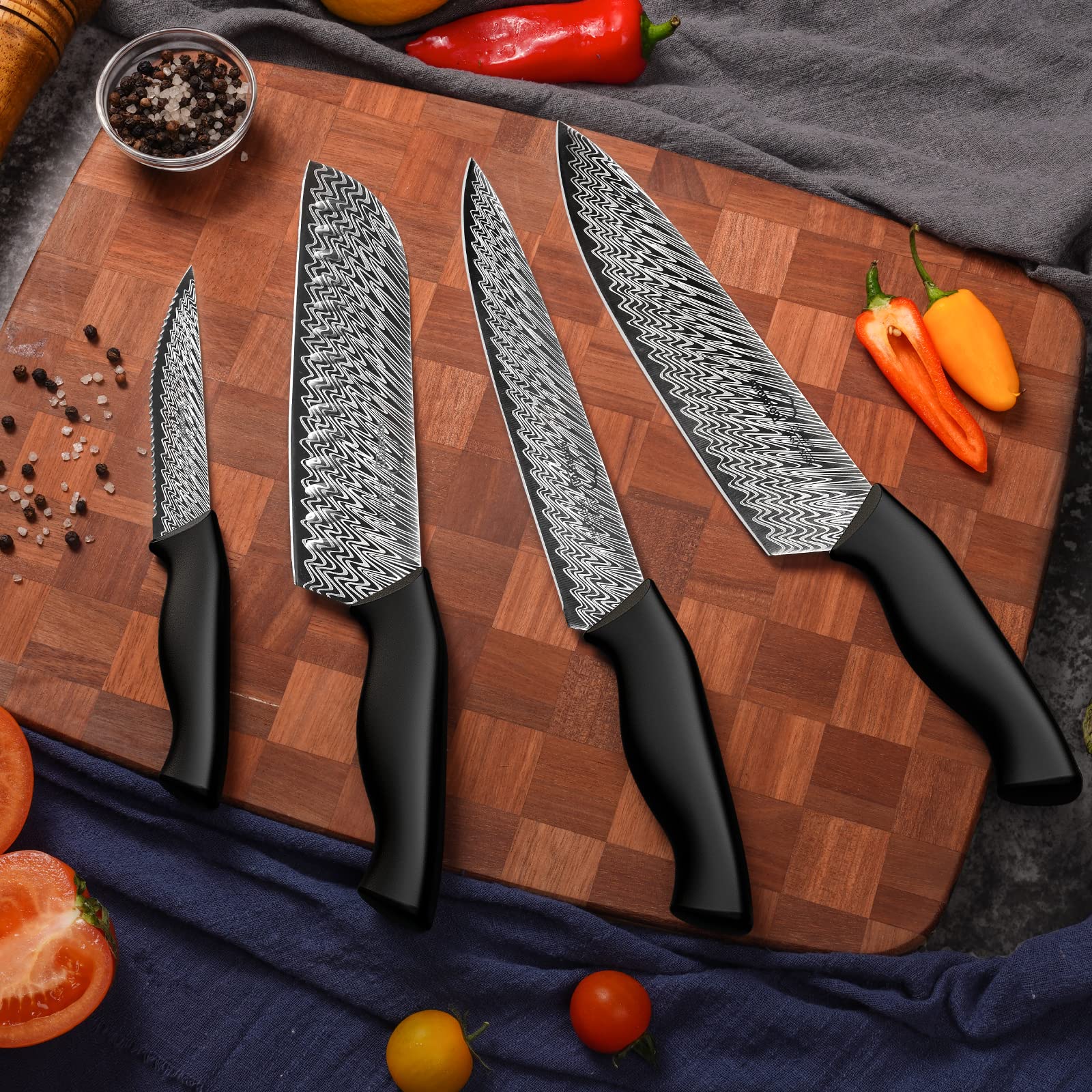 Two 15 Pieces Knife Sets, Elegant Black + Damascus Pattern