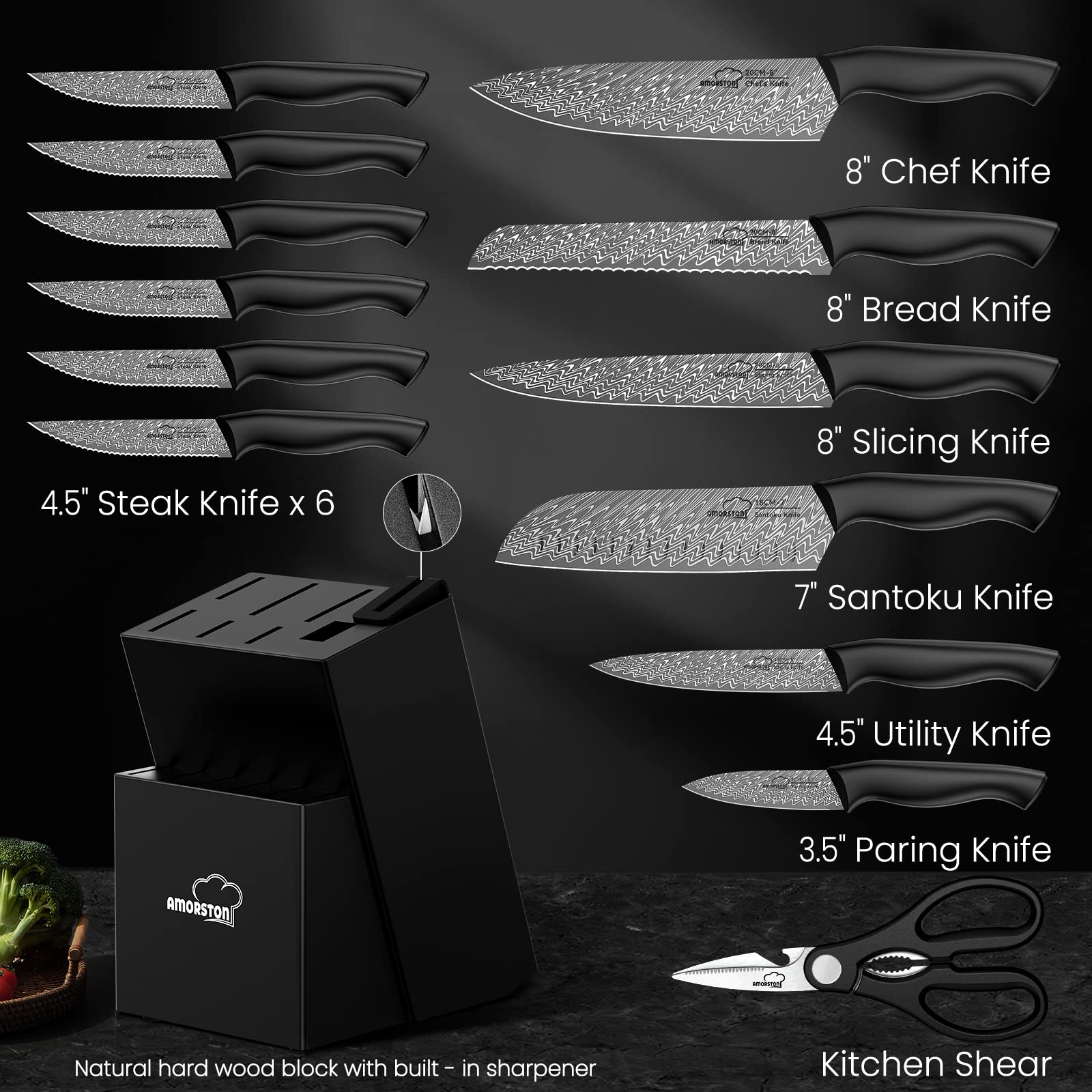 Two 15 Pieces Knife Sets, Elegant Black + Damascus Pattern