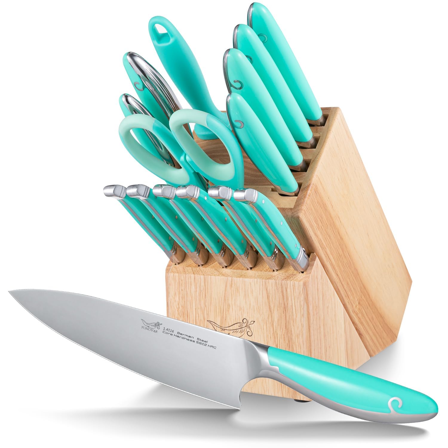 Knife Sets for Kitchen with Block, YONOVAK Blue Whale Series 15-Piece 1.4116 German Steel Full Tang Handle Chef Kitchen Knife Set with 6 X Laguiole Steak Knives