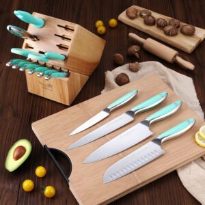 Knife Sets for Kitchen with Block, YONOVAK Blue Whale Series 15-Piece 1.4116 German Steel Full Tang Handle Chef Kitchen Knife Set with 6 X Laguiole Steak Knives