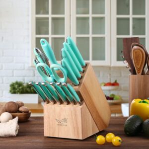 Knife Sets for Kitchen with Block, YONOVAK Blue Whale Series 15-Piece 1.4116 German Steel Full Tang Handle Chef Kitchen Knife Set with 6 X Laguiole Steak Knives