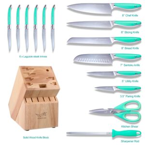 Knife Sets for Kitchen with Block, YONOVAK Blue Whale Series 15-Piece 1.4116 German Steel Full Tang Handle Chef Kitchen Knife Set with 6 X Laguiole Steak Knives