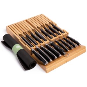 drawer knife organizer - bamboo knife block insert - holds 16 knives + 1 knife sharpener (knives not included) - reliably store, secure & organize your kitchen knives in cabinet - free up counterspace