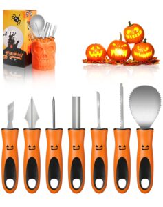 henscoqi pumpkin carving kit 7 packs carving tools set, pumpkin carving set jack lantern sculpting set with heavy duty stainless steel durable handle, halloween decoration set with storage skull cup