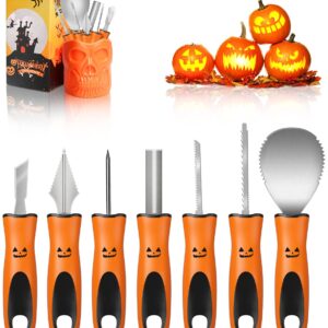 Henscoqi Pumpkin Carving Kit 7 Packs Carving Tools Set, Pumpkin Carving Set Jack Lantern Sculpting Set with Heavy Duty Stainless Steel Durable Handle, Halloween Decoration Set with Storage Skull Cup