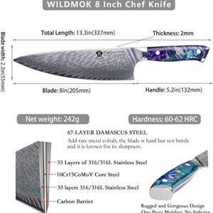 WILDMOK Chef Knife, 8 inch Damascus Japanese chef's knives, Resin Handle kitchen knife, sharp knives kitchen Cooking Knife, chef's knives Including Gift Box