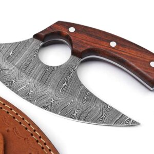 Super Knife Handmade Damascus Steel Ulu Knife - Fixed Blade knife for Chopping Boning Slicing Cutting ,Solid Rose Wood Handle with Leather Sheath, Wood,Steel