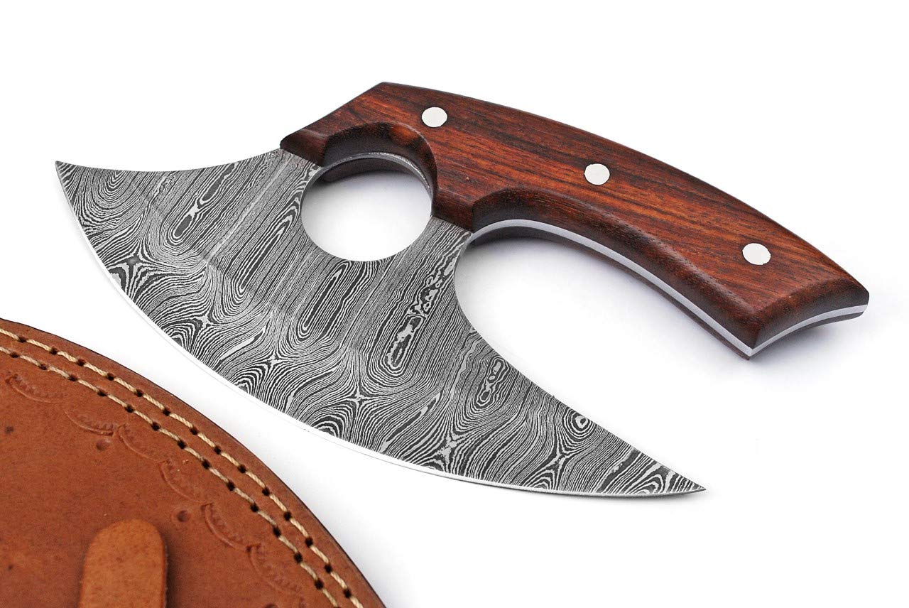 Super Knife Handmade Damascus Steel Ulu Knife - Fixed Blade knife for Chopping Boning Slicing Cutting ,Solid Rose Wood Handle with Leather Sheath, Wood,Steel