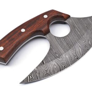 Super Knife Handmade Damascus Steel Ulu Knife - Fixed Blade knife for Chopping Boning Slicing Cutting ,Solid Rose Wood Handle with Leather Sheath, Wood,Steel