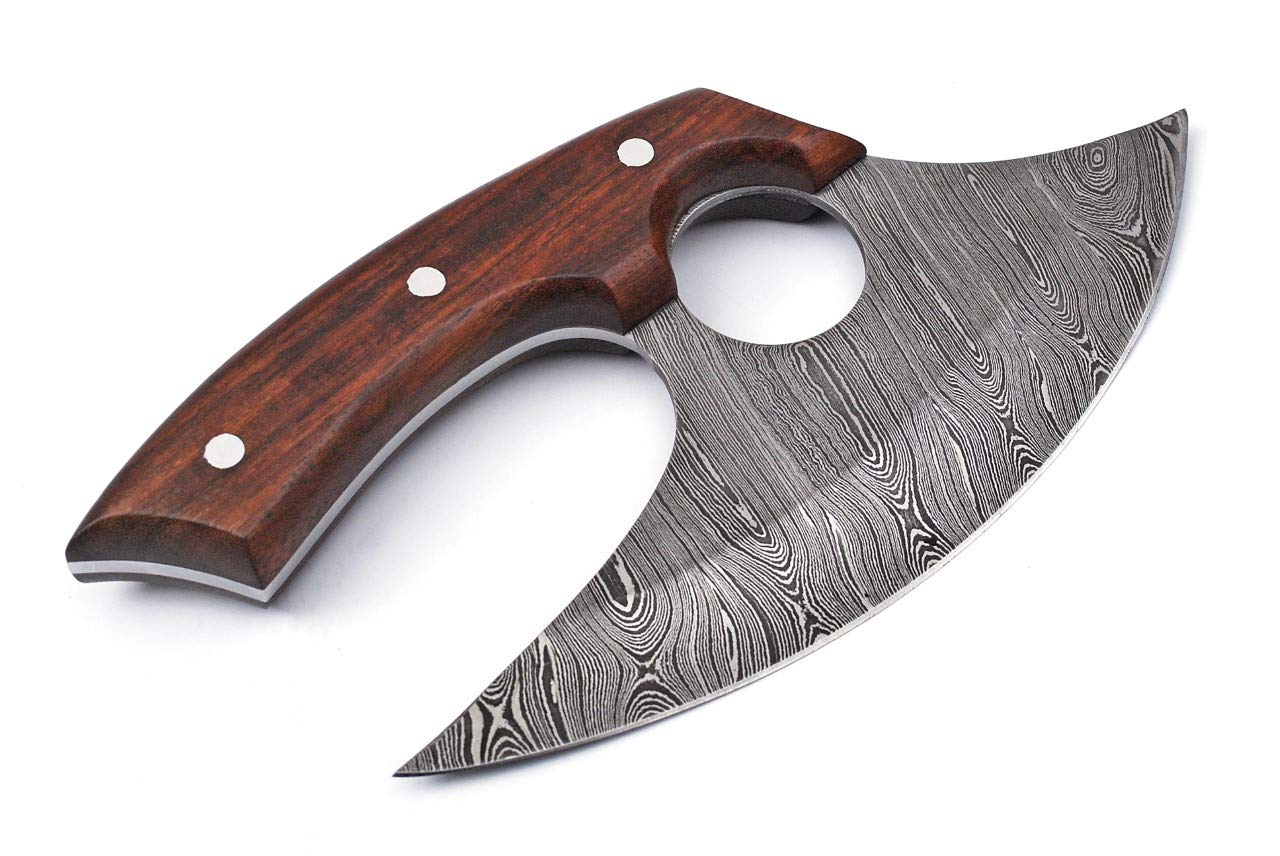 Super Knife Handmade Damascus Steel Ulu Knife - Fixed Blade knife for Chopping Boning Slicing Cutting ,Solid Rose Wood Handle with Leather Sheath, Wood,Steel