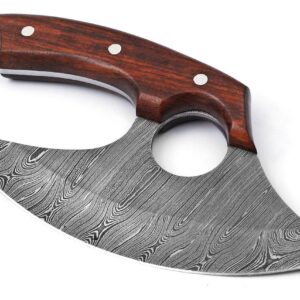 Super Knife Handmade Damascus Steel Ulu Knife - Fixed Blade knife for Chopping Boning Slicing Cutting ,Solid Rose Wood Handle with Leather Sheath, Wood,Steel