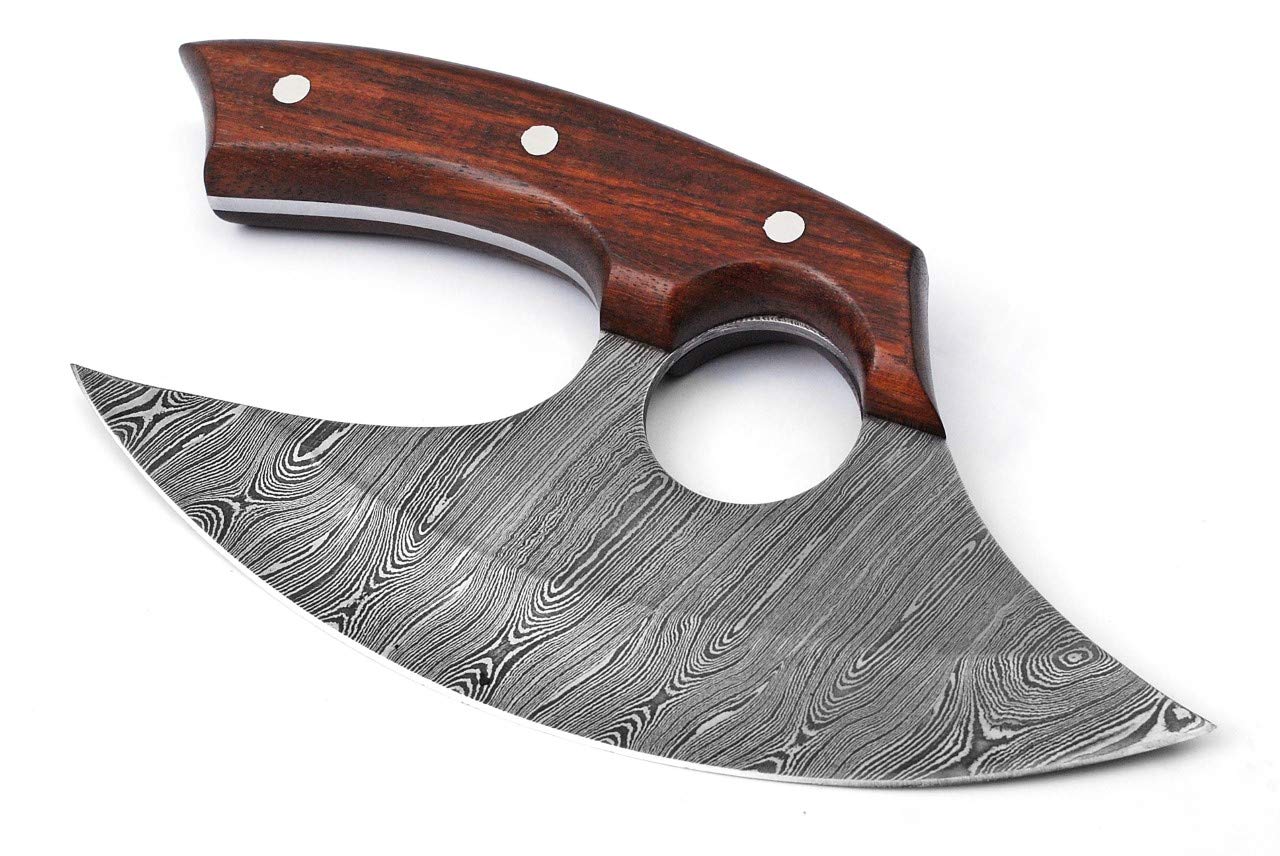 Super Knife Handmade Damascus Steel Ulu Knife - Fixed Blade knife for Chopping Boning Slicing Cutting ,Solid Rose Wood Handle with Leather Sheath, Wood,Steel