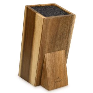 navaris universal knife block holder - acacia wood stand with bristles to fit different sizes of knives - angled design, 9.8" x 5.9" x 4.1’"