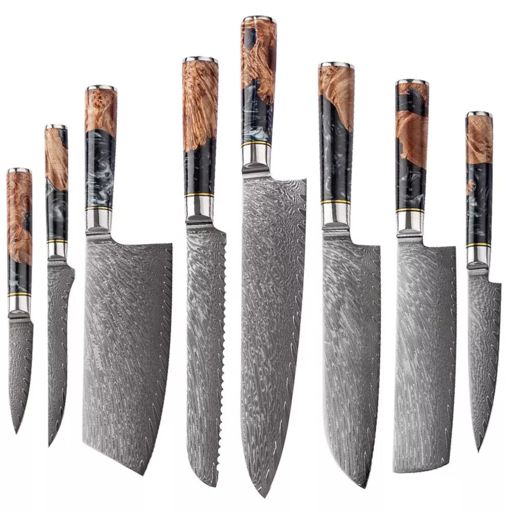 The Epicurean Cook Tidal Collection kitchen knife set with Burl Wood Resin Handles (Black Resin Handle). This 8-pc damascus chef knife set, are ideal kitchen knives set for the kitchen.