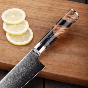 The Epicurean Cook Tidal Collection kitchen knife set with Burl Wood Resin Handles (Black Resin Handle). This 8-pc damascus chef knife set, are ideal kitchen knives set for the kitchen.