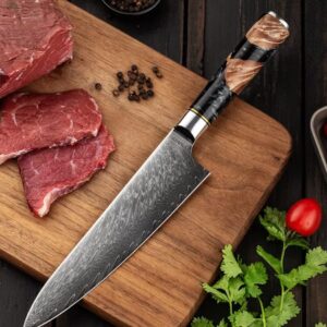 The Epicurean Cook Tidal Collection kitchen knife set with Burl Wood Resin Handles (Black Resin Handle). This 8-pc damascus chef knife set, are ideal kitchen knives set for the kitchen.