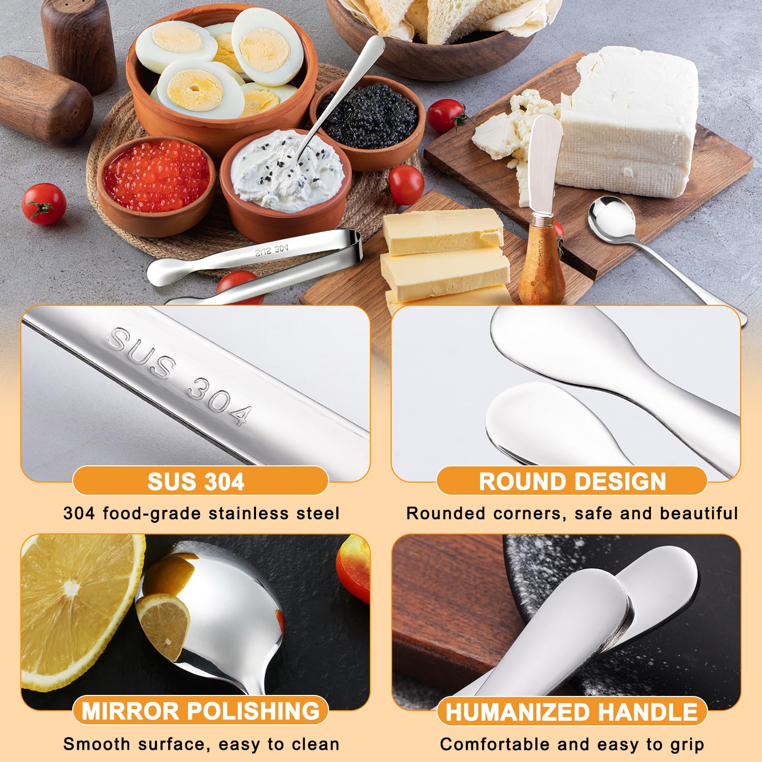 Cheese Butter Spreader Knife Set Charcuterie Accessories Stainless Steel Standing Spreader Knives with Wooden Handle Charcuterie Board Utensils Mini Serving Tongs Spoons and Forks for Appetizer Pastry