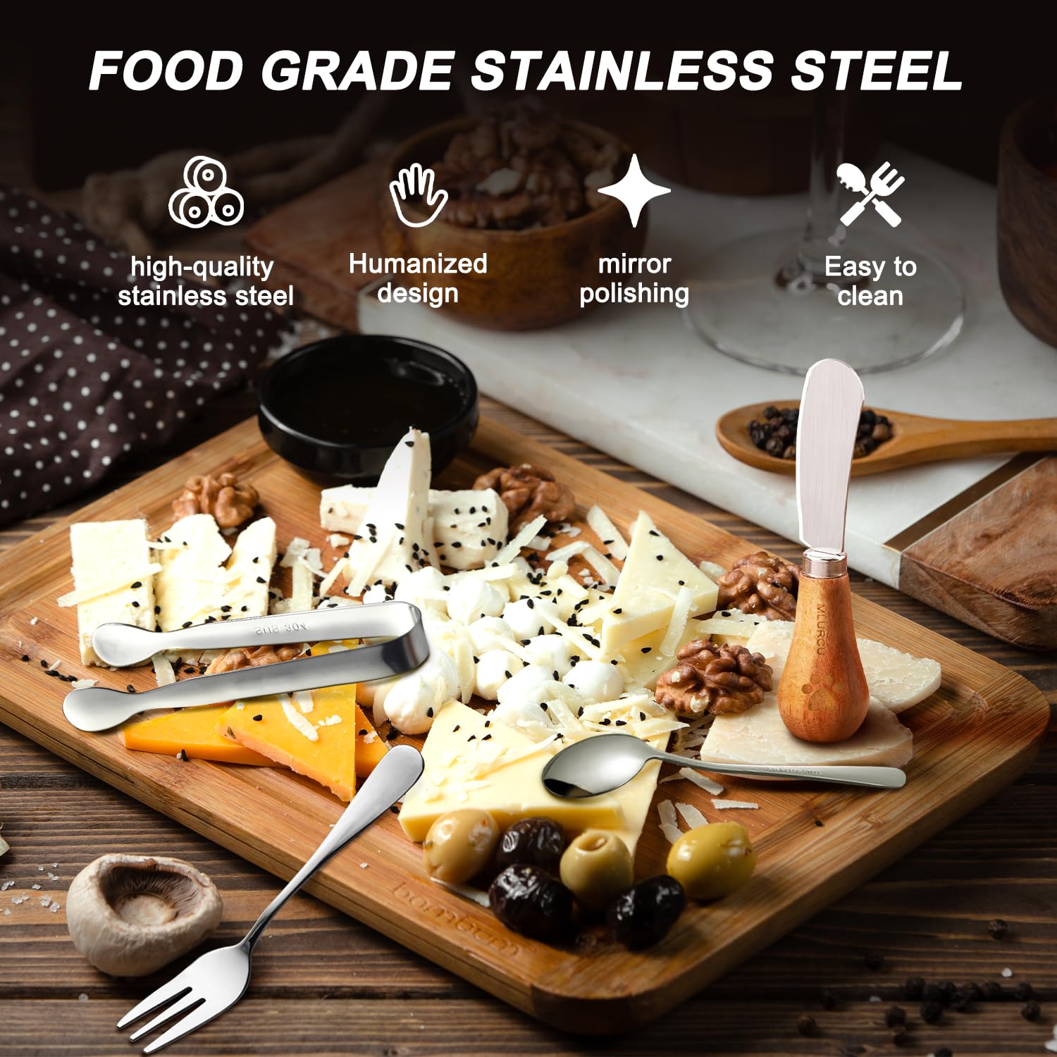 Cheese Butter Spreader Knife Set Charcuterie Accessories Stainless Steel Standing Spreader Knives with Wooden Handle Charcuterie Board Utensils Mini Serving Tongs Spoons and Forks for Appetizer Pastry