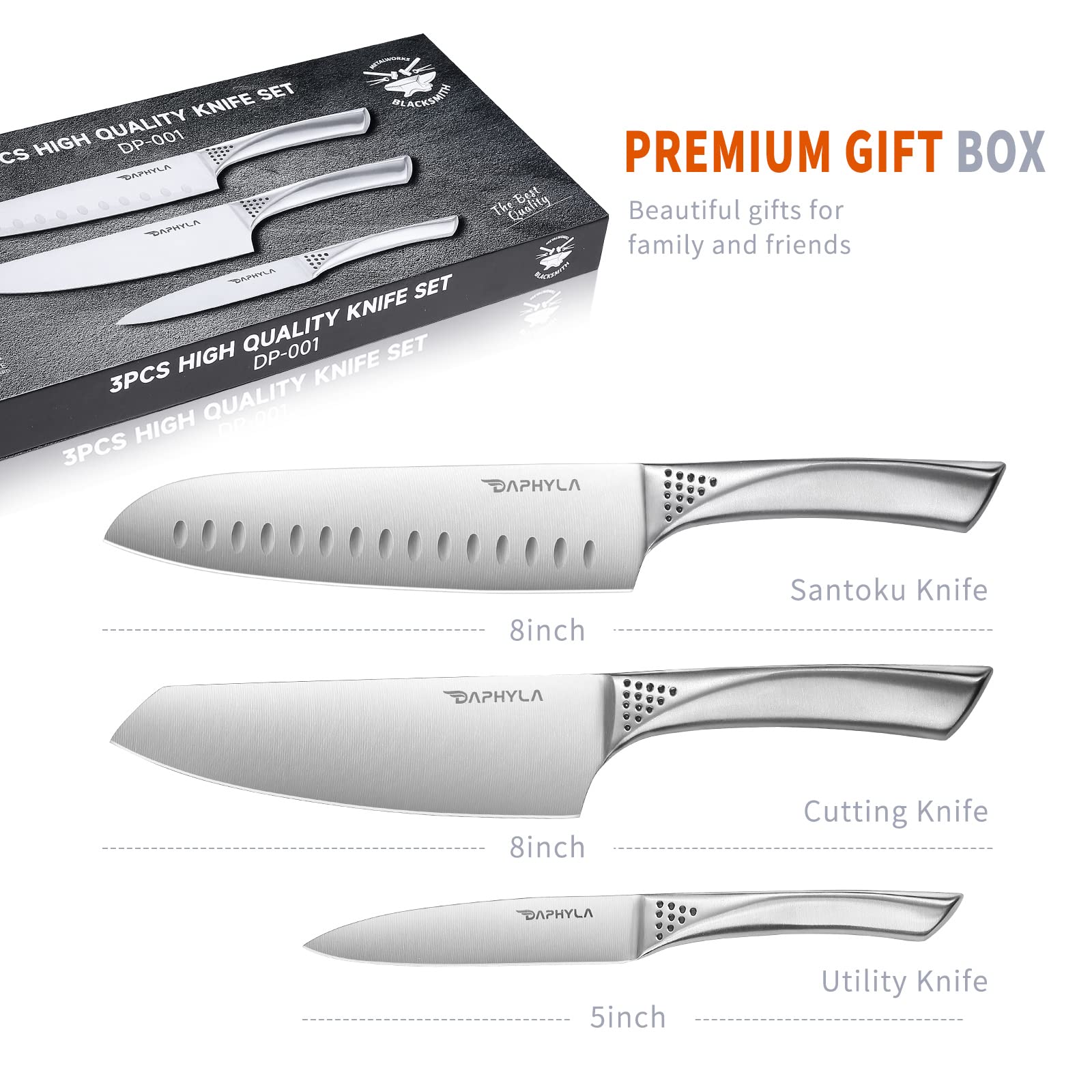 Daphyla Kitchen Knife Set,3Pcs Chef Knife,Ultra Sharp High Carbon Stainless Steel Knives with Gift Box,Dishwasher Safe For Cooking