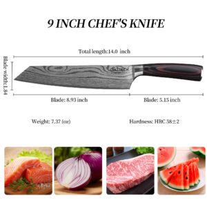 CULITECH Chef Knife, 9 inches German High Carbon Stainless Steel Damascus Pattern Kitchen Knife with Pakka Wood Handle for Home and Outdoor Picnic Use