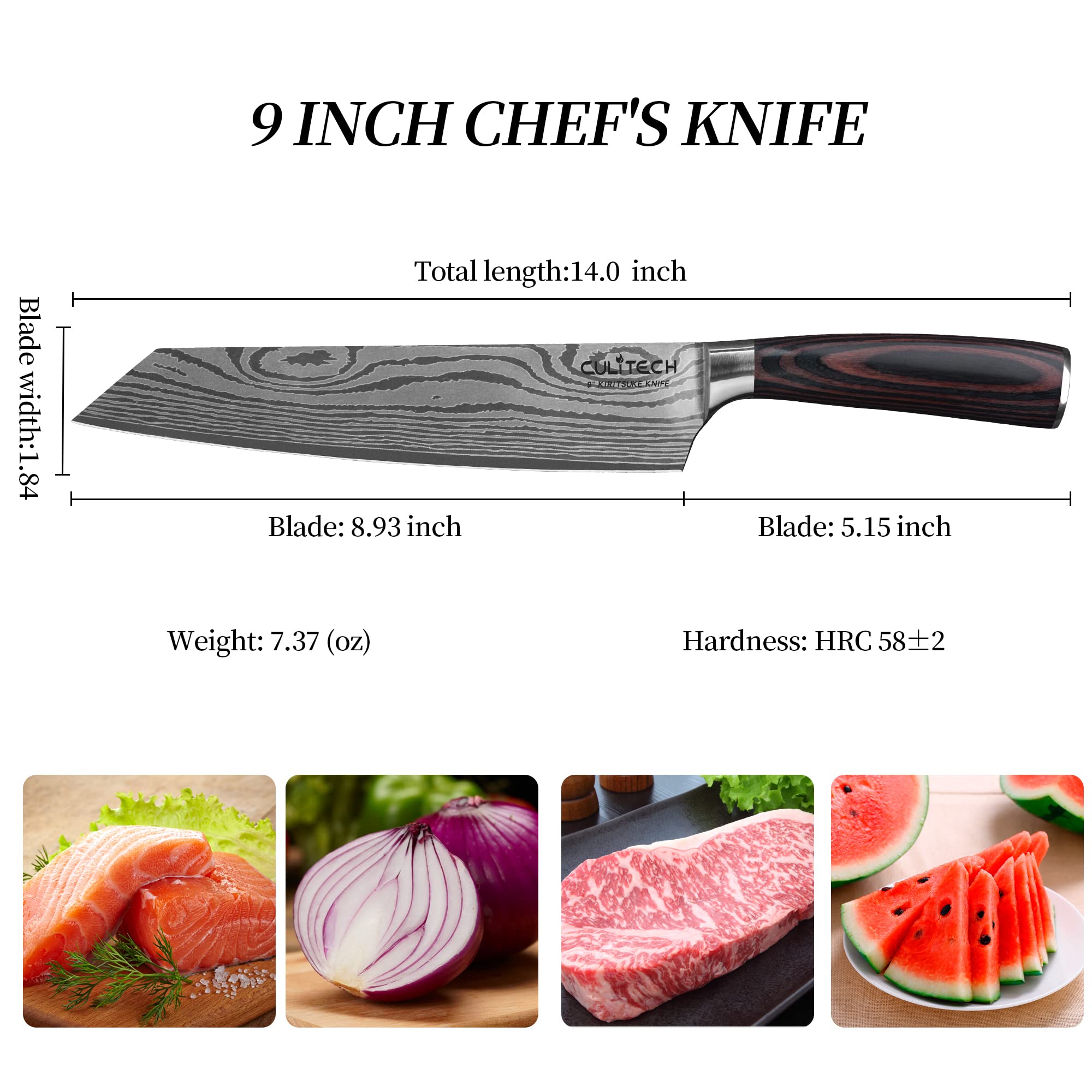 CULITECH Chef Knife, 9 inches German High Carbon Stainless Steel Damascus Pattern Kitchen Knife with Pakka Wood Handle for Home and Outdoor Picnic Use