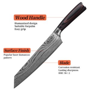 CULITECH Chef Knife, 9 inches German High Carbon Stainless Steel Damascus Pattern Kitchen Knife with Pakka Wood Handle for Home and Outdoor Picnic Use