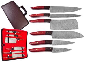 gladiatorsguild g30 professional kitchen knives damascus steel utility chef kitchen knife set red patook & wenge wood with chopper/cleaver pocket case chef knife roll bag g30 (1030)