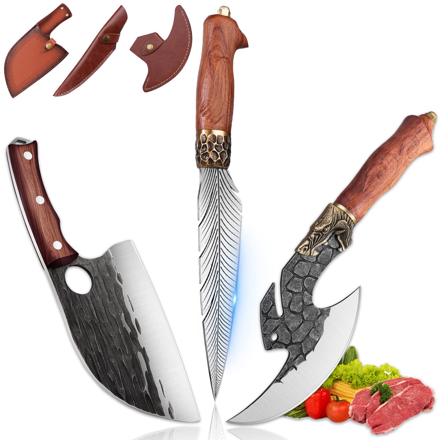 Feather Viking Serbian Chef Knife Dragon Cleaver Set Forged in Fire Boning Meat Cleaver High Carbon Steel Kitchen Cutter with Sheath for Outdoor Camping BBQ Collection Christmas Gift Men