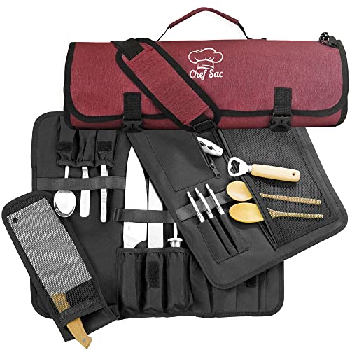 Chef Knife Roll Bag | 8+ Slots for Knives & Kitchen Tools | Water Resistant Knife Bag | Knife Carrying Case Only, Tools Not Included | Chef Knife Bag for Professional Chefs & Culinary Students (Red)